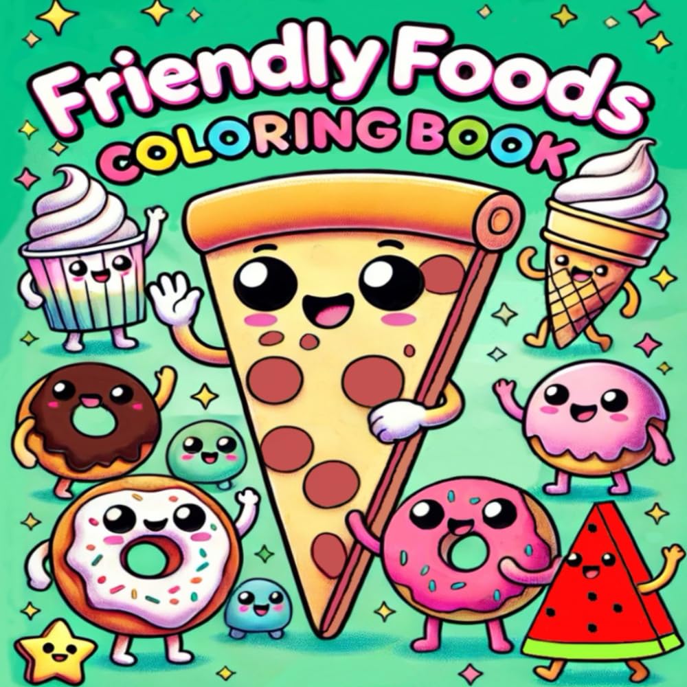 Friendly Foods: Coloring book for Adults and Kids Featuring Super Cute ...