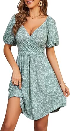 MSBASIC Summer Dresses for Women 2023 Short Puffy Sleeve Off Shoulder a Line Green Floral Dress ...