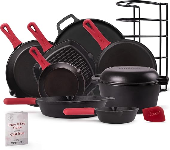 Amazon.com: Cast Iron Cookware 17-Piece Set - Pre-Seasoned 6" + 8" + 10 ...