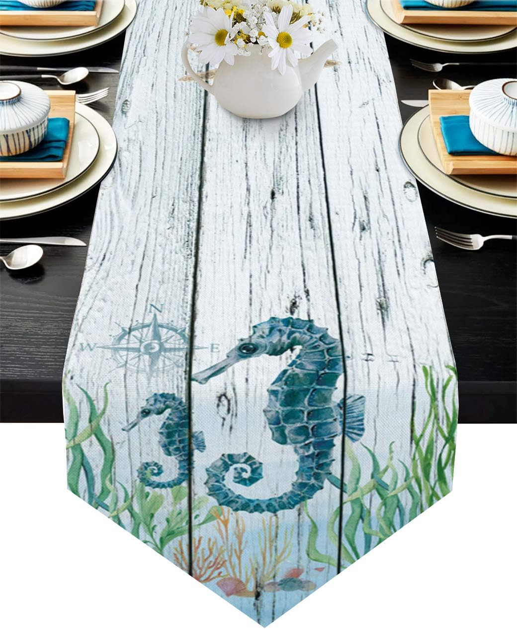 Amazon.com: Linen Table Runner-36Inch Long Ocean Theme Seahorse Coral ...