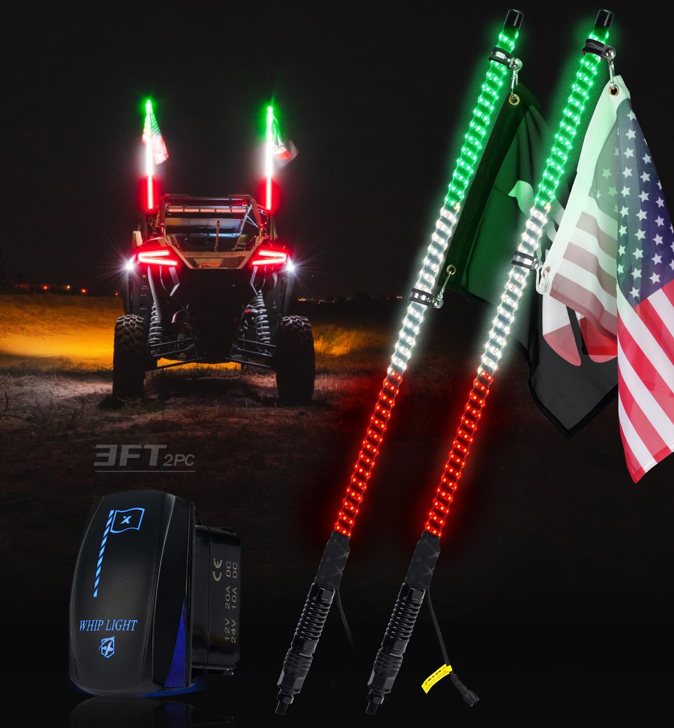 Snapklik.com : Xprite 2PC 3FT Green White Red Spiral LED Whip Lights