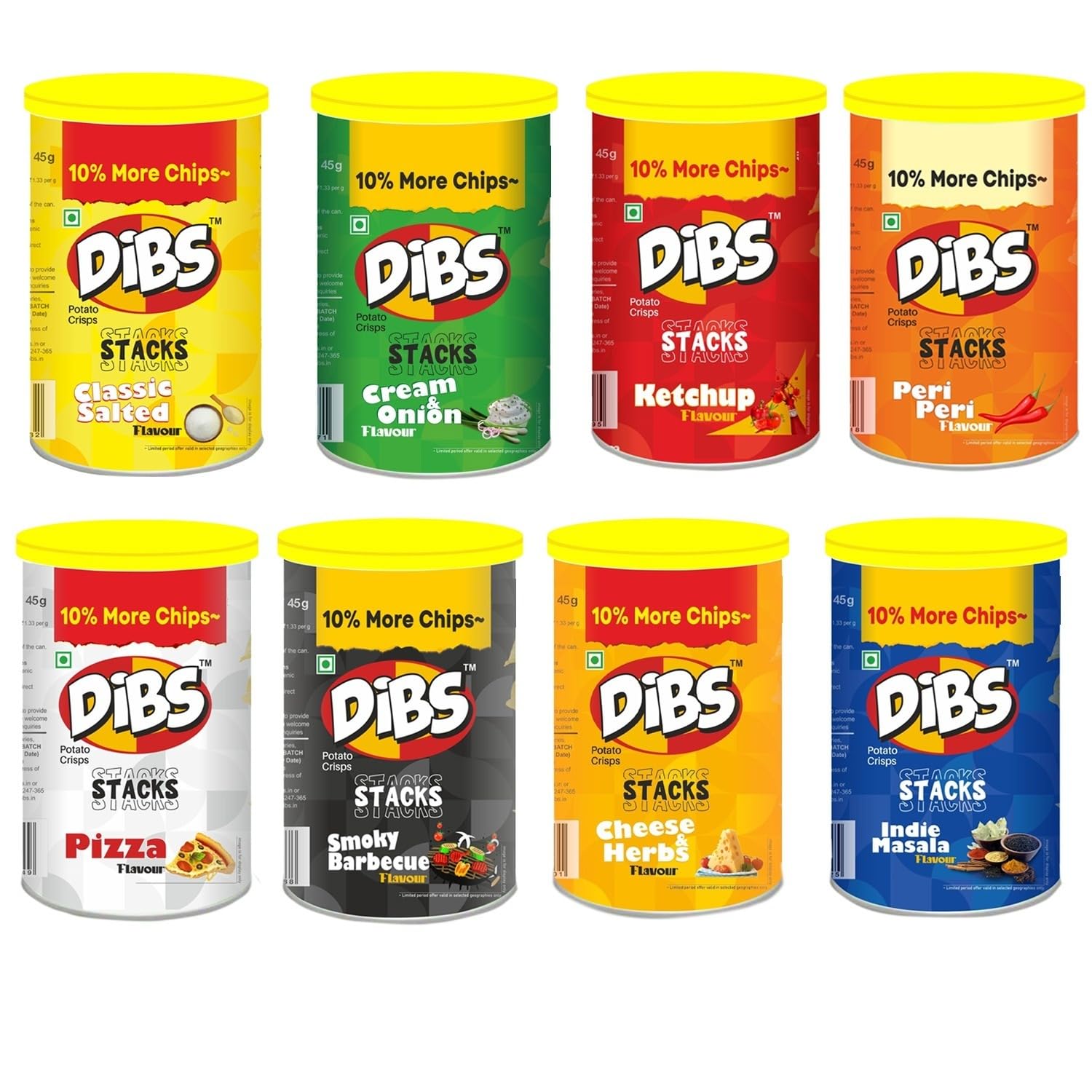 Dibs stacks (Pack of 8, 45 GM Each) Classic Salted, Cream N Onion ...