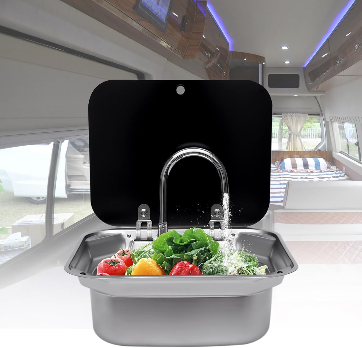 Amazon.com: GCIUEMMH RV Sink with Folded Faucet & Tempered Glass Lid ...