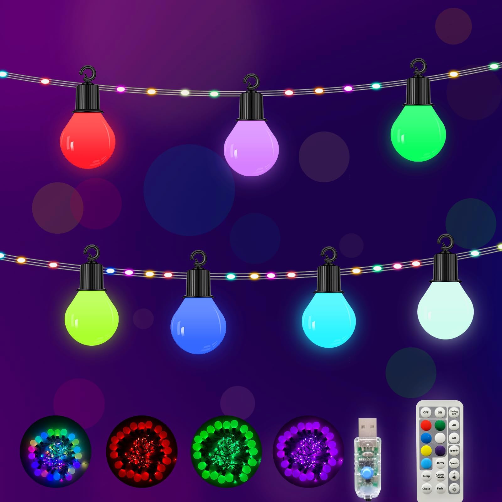 Okdunlakp Outdoor String Lights with 20 Color Changing Shatter ...
