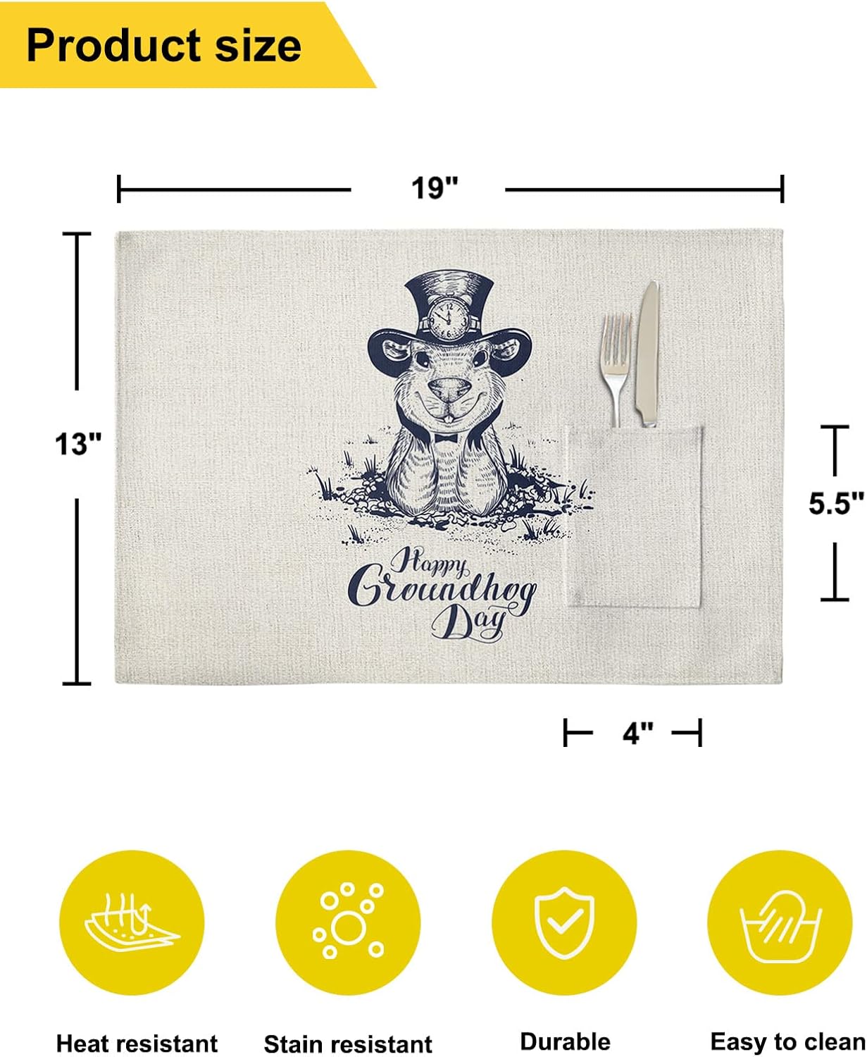 Groundhog Day Table Placemats for Dining Table Set of 6, Cotton Linen ...