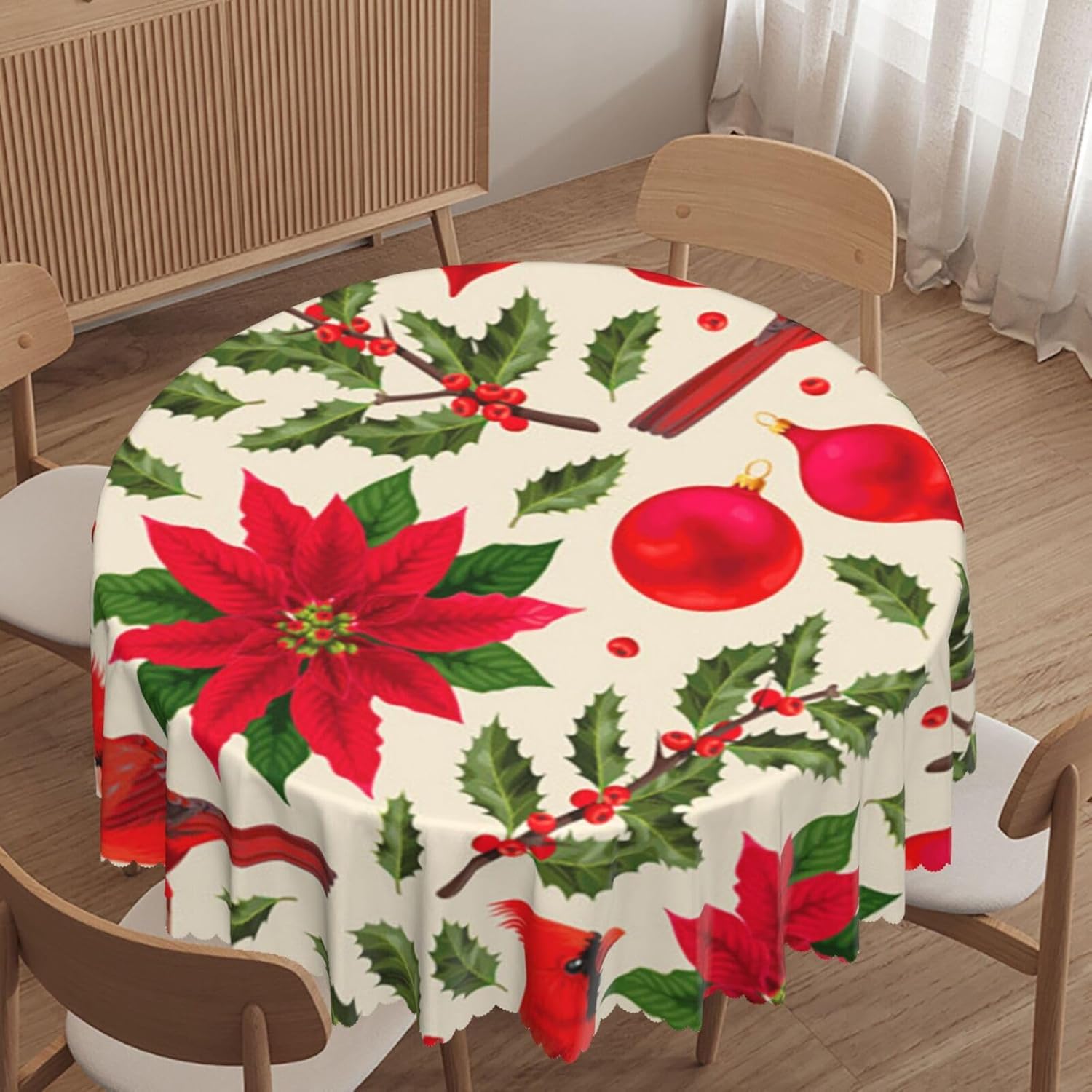 Nappe Ronde Thème De Noël Fleur De Houx Cardinal, Rouge Vert Nappe De ...