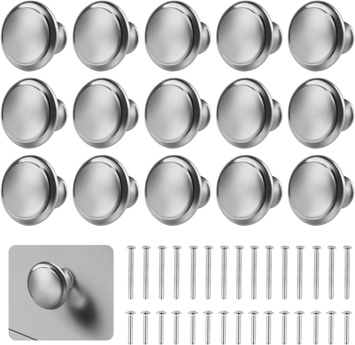 PENCHUAN 15PCS Cabinet Door Knobs, 27mm Silver Round Brushed Metal Knobs, Drawer Pull Handle ...