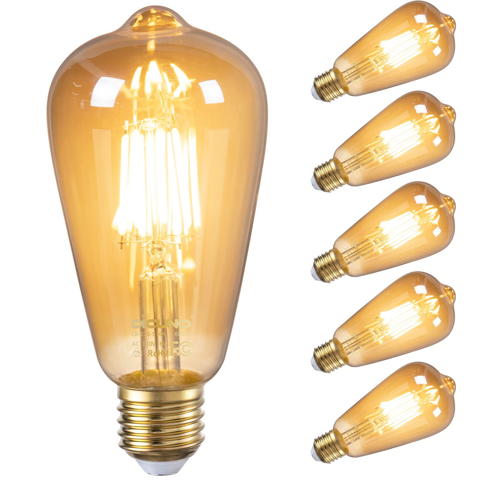 DiCUNO E26 Edison Bulbs 60W, 2200K Amber Warm, 6W LED Edison Bulb ST64 ...