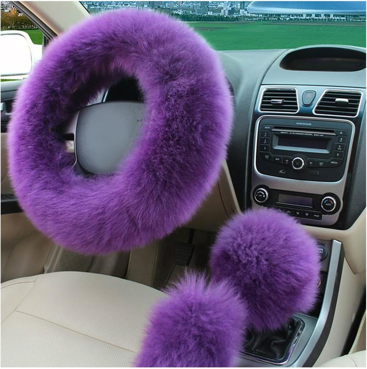 Amazon.com: Ziciner 3PCS Wool Steering Wheel Cover with Fuzzy Handbrake ...