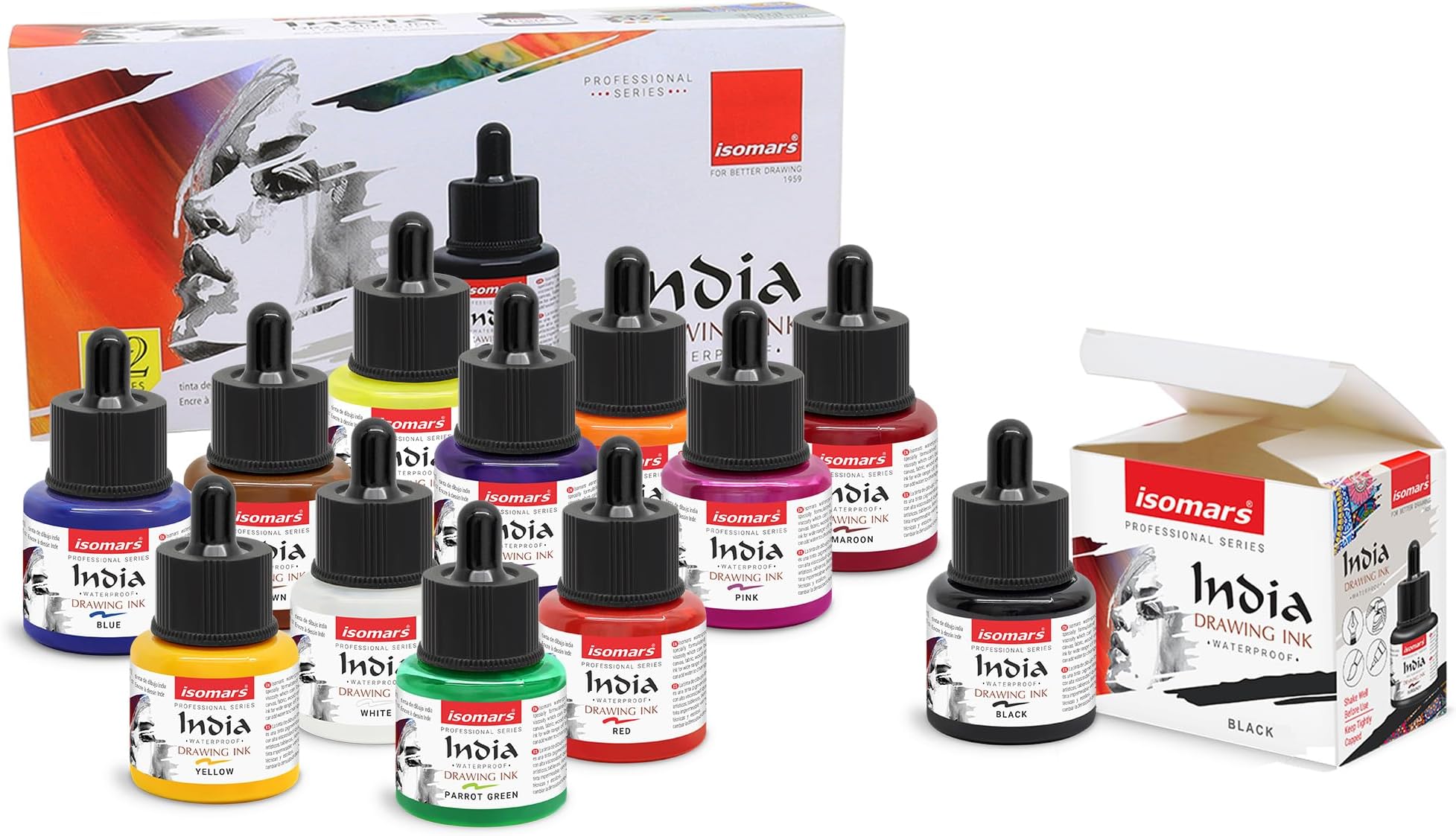 Isomars Waterproof Drawing Ink Set of 12 – 35ml Each (with Dropper ...