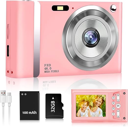 Amazon.com : TIXINPO 48MP Kids Pink Digital Camera, 1080P FHD Point and ...