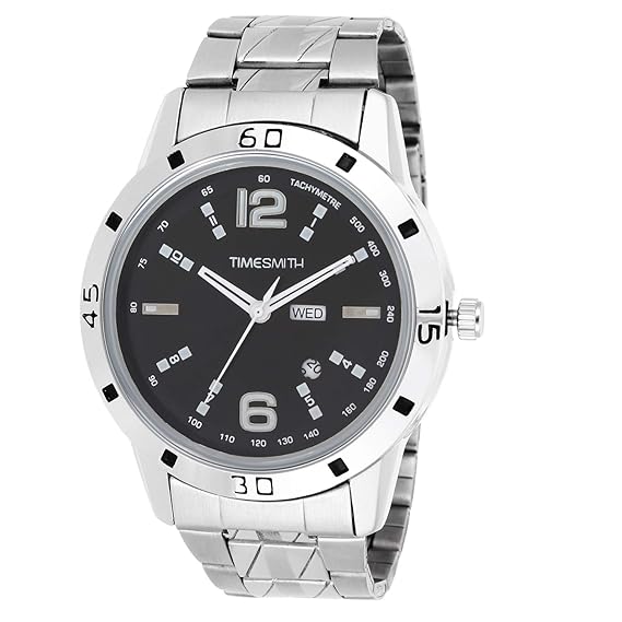 TIMESMITH Black Dial Silver Stainless Steel Metal Strap Day Date Analog ...