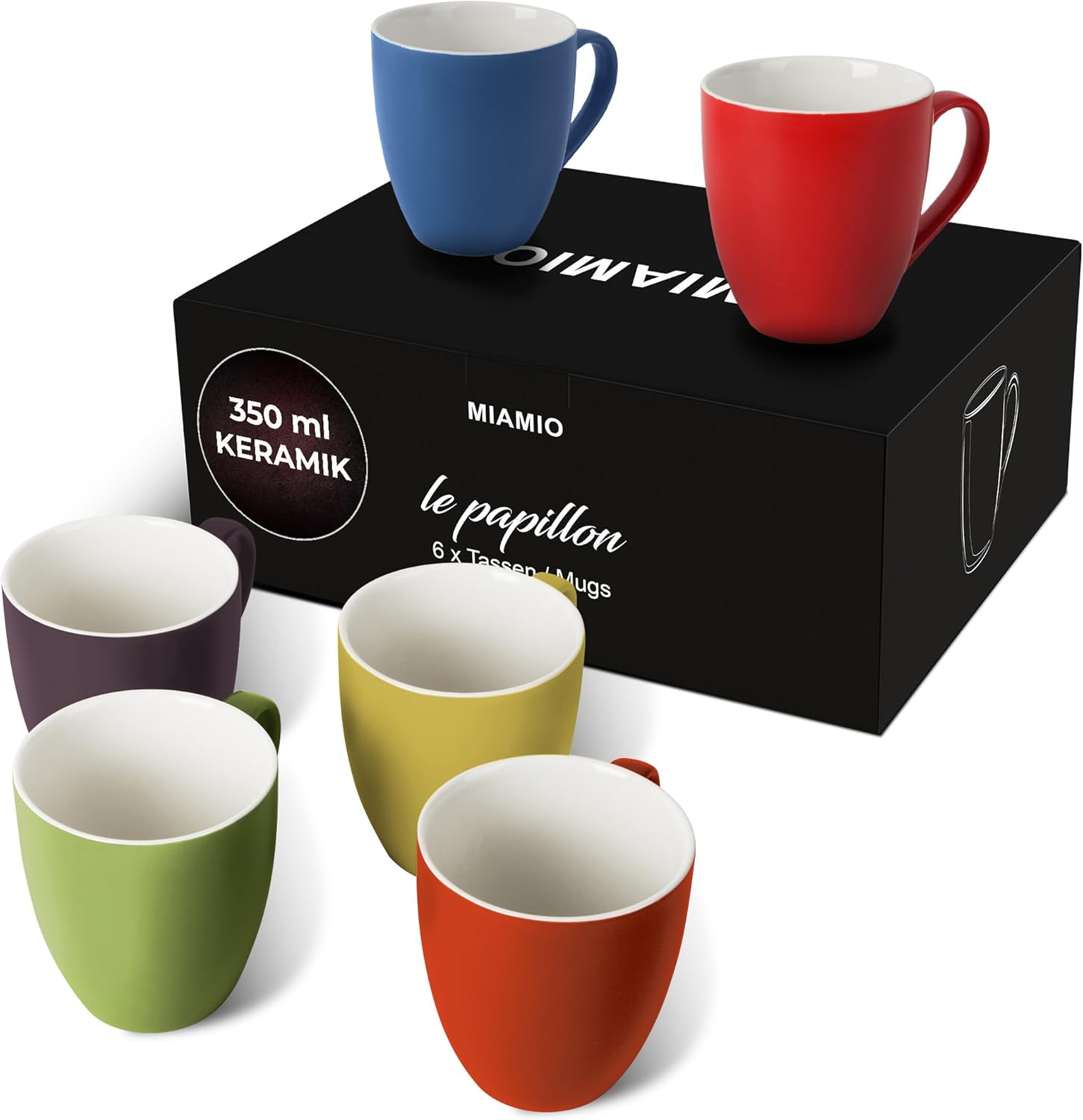 MIAMIO - 6 x 350 ml Kaffeetassen/Kaffeebecher Set Außen Farbig Innen Weiß - Le Papillon ...