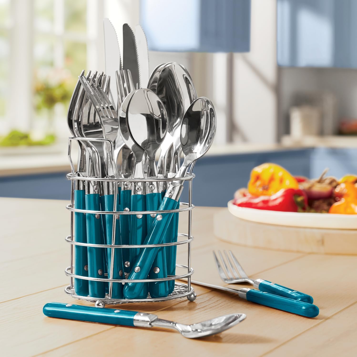 Amazon.com | Montgomery Ward 20-Piece Colored Flatware Set with Round Wire Caddy - Silverware ...