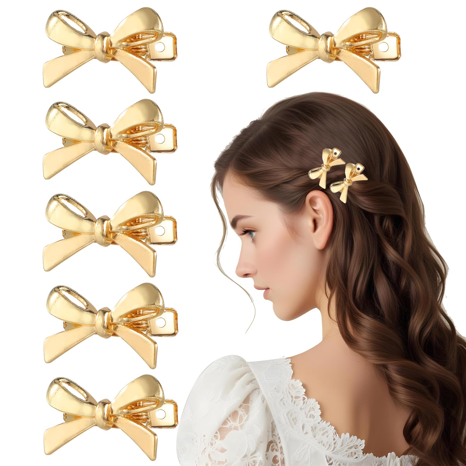 Amazon.com : 6pcs Gold Metal Side Bang Bow Hair Clips for Women, Mini ...