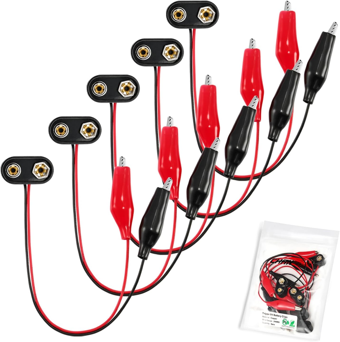 Chanzon UL Wire Batteri 9V Alligator Clips Batteri Snap In Stik 5 Pack ...