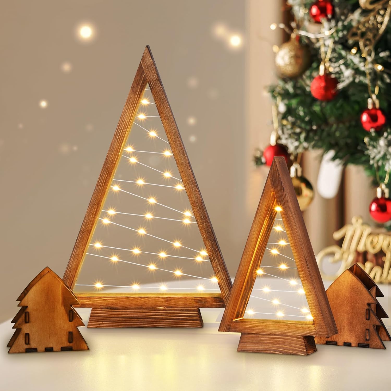 Amazon.com: Wooden Triangle Christmas Tree with Lights - 4 Pcs Mini ...