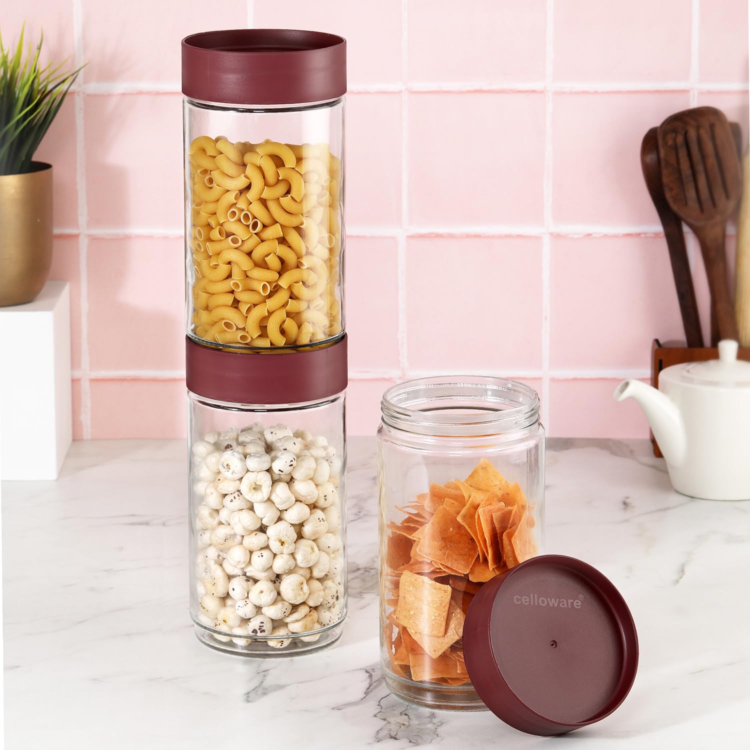 Buy CELLO Modustack Glassy Storage Jar Set of 3 (2000 ml), Maroon ...