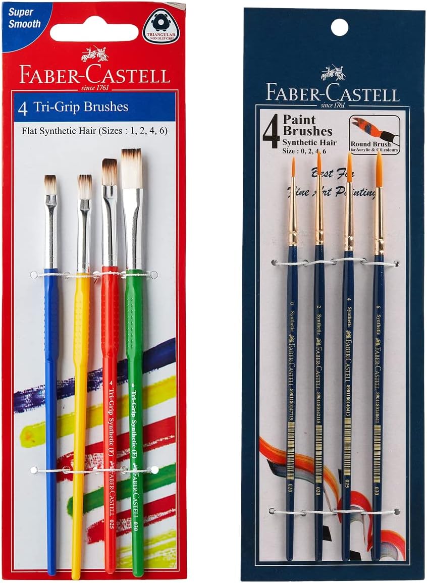 Faber-Castell Wood Tri-Grip Brush-Flat, Pack of 4 (Assorted)&Paint ...