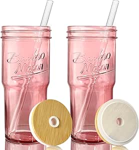 Amazon.com | ANOTION Glass Cups with Lids and Straws, 24oz Pink Glass Tumbler Travel Coffee Mug ...