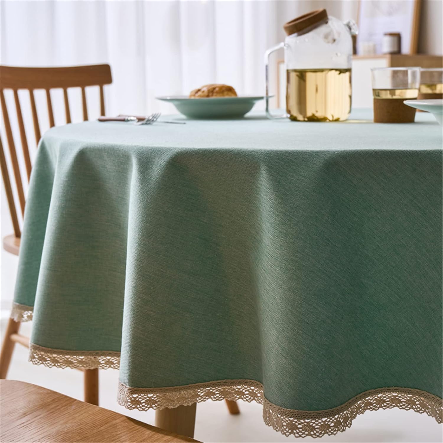 Amazon.com: Linen Textured Round Tablecloth with Lace Trim - Waterproof ...