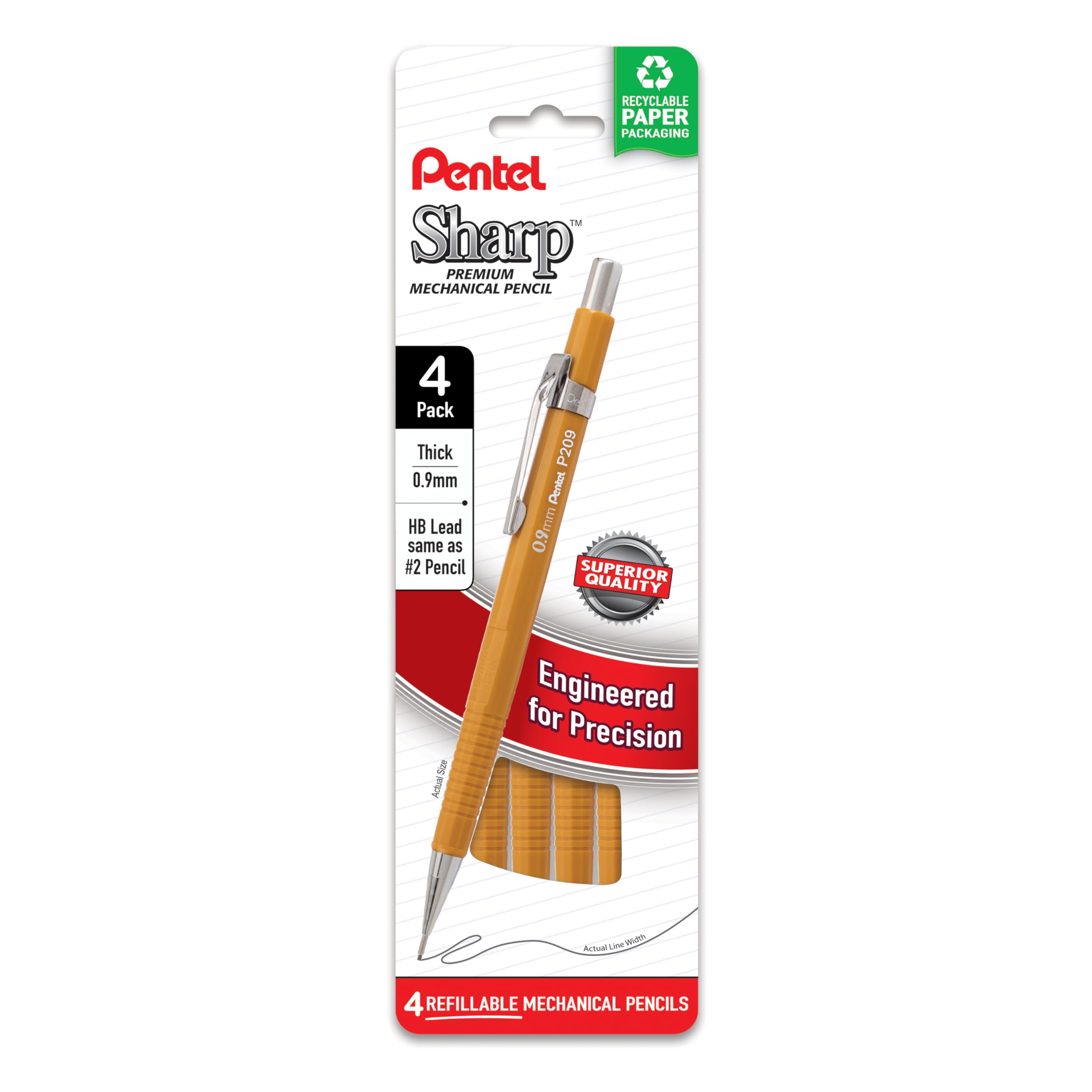 Pentel Sharp Mechanical Pencil, (0.9mm), Bold Line, Yellow Barrel, Pack ...