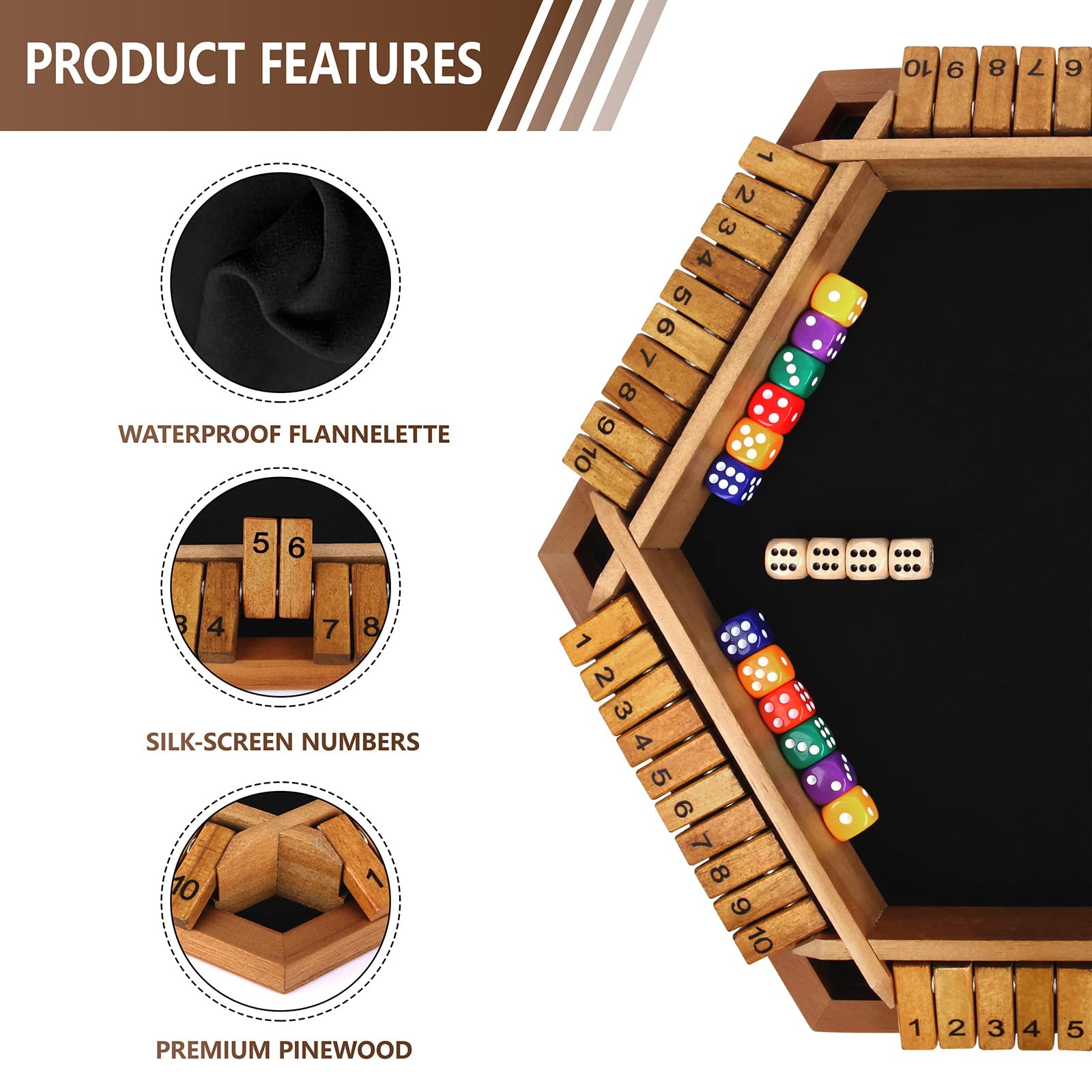 Nicecho 2-6 Players Shut The Box Dice Game, Wooden Board Table Math ...