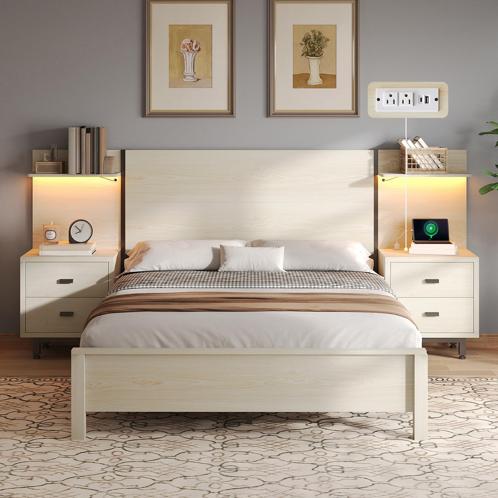 Amazon.com: LUXOAK Queen Bed Frame with 2 Nightstands & LED Lights ...