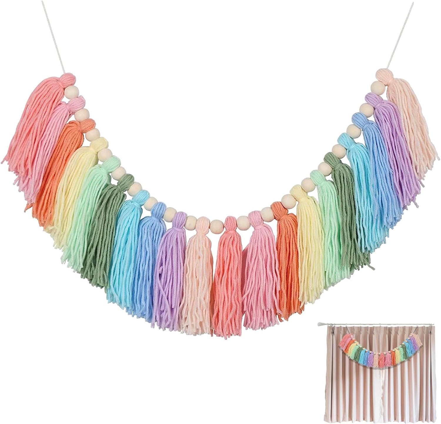 Rainbow Tassel Garland Colorful Pastel Tassel Banner with 20PCS Wood ...