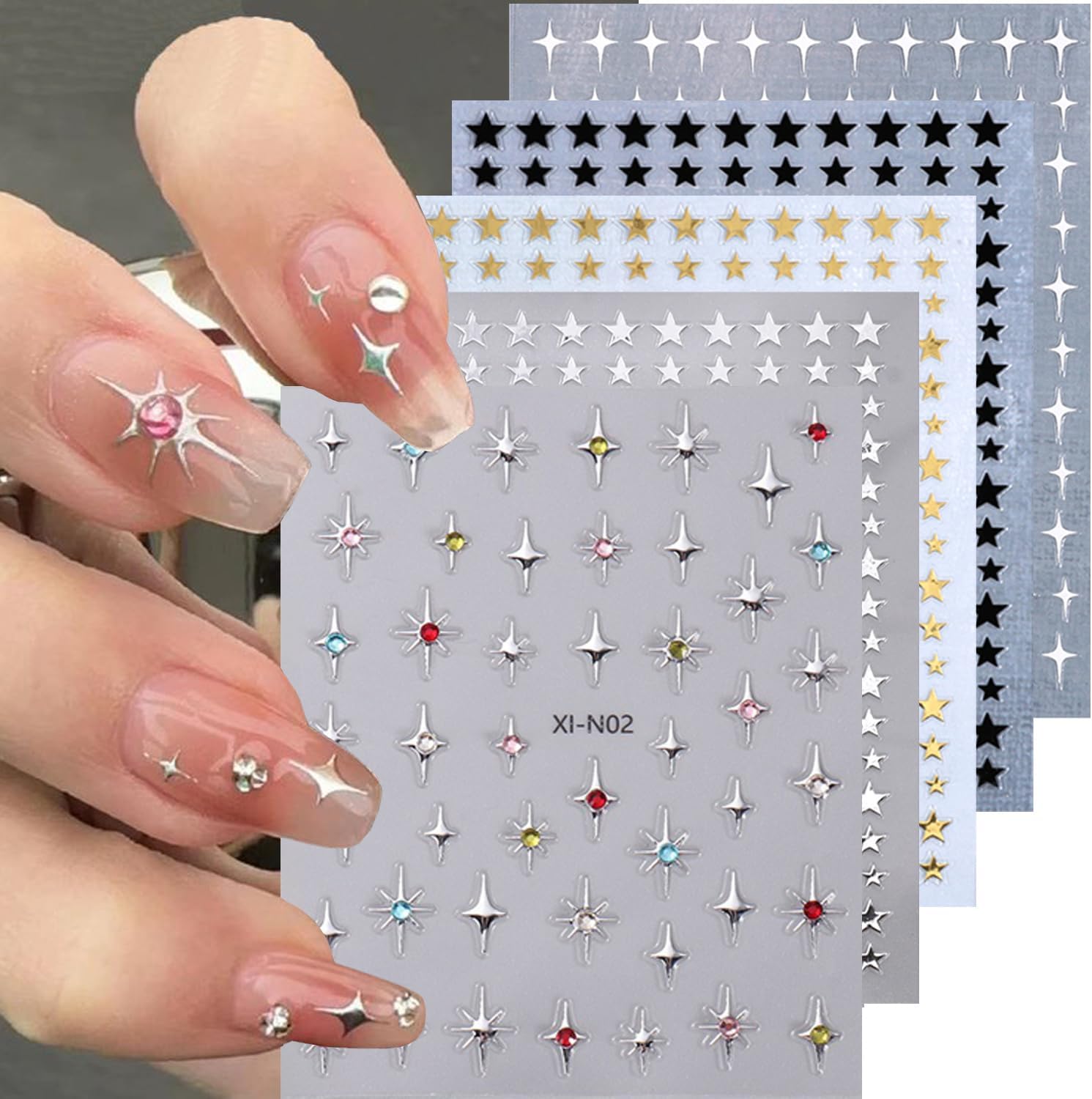 Amazon.com: 8 Sheets Star Nail Stickers Decals 3D Self Adhesive Star ...