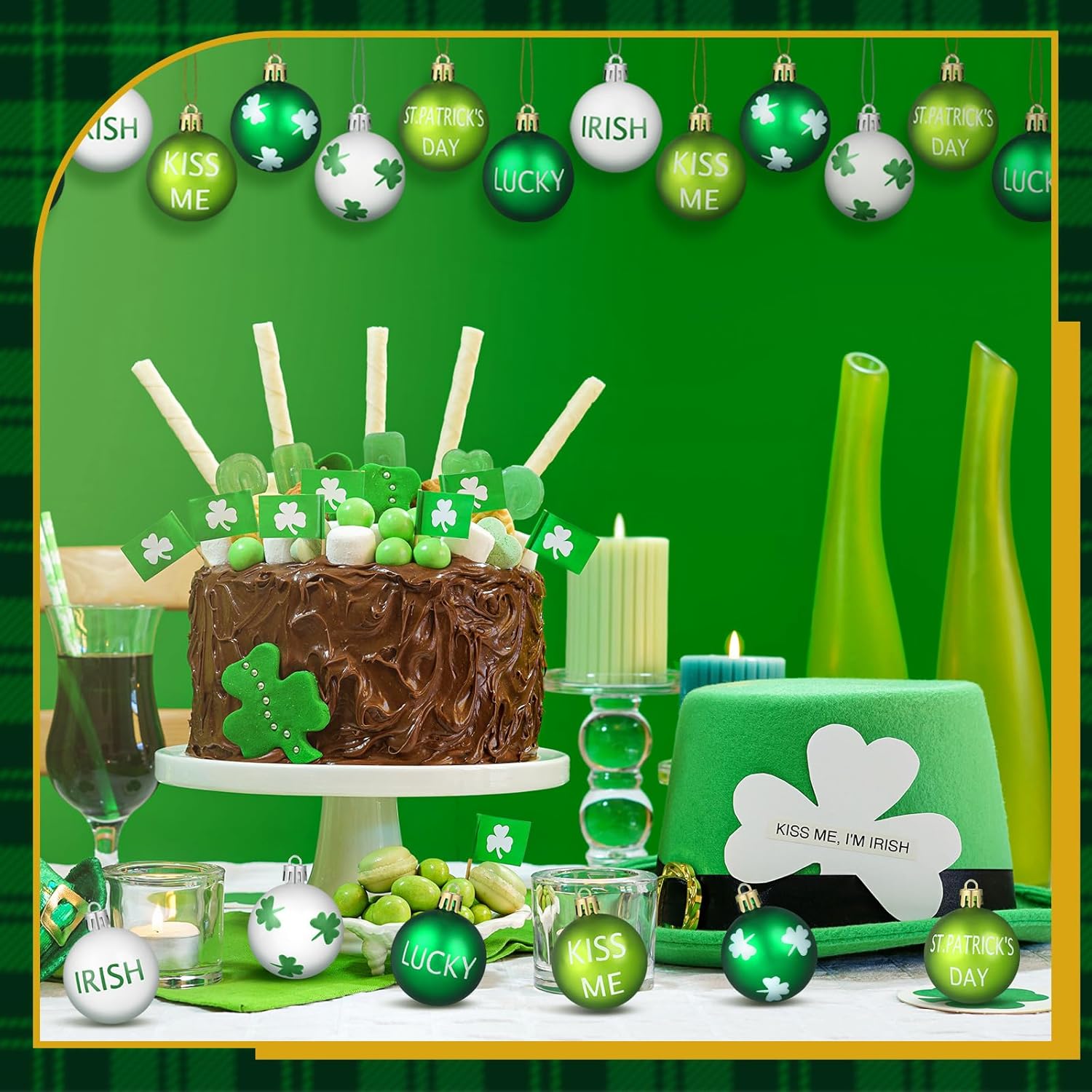 Syhood 24 adornos de bola del día de San Patricio, trébol colgante del ...