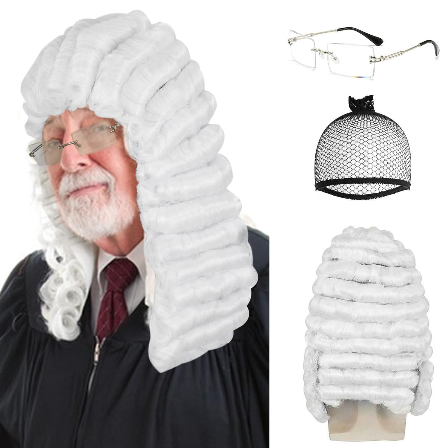 Amazon.com: Ebingoo White Judge Wig + Glasses + Wig Cap Judge Colonial ...