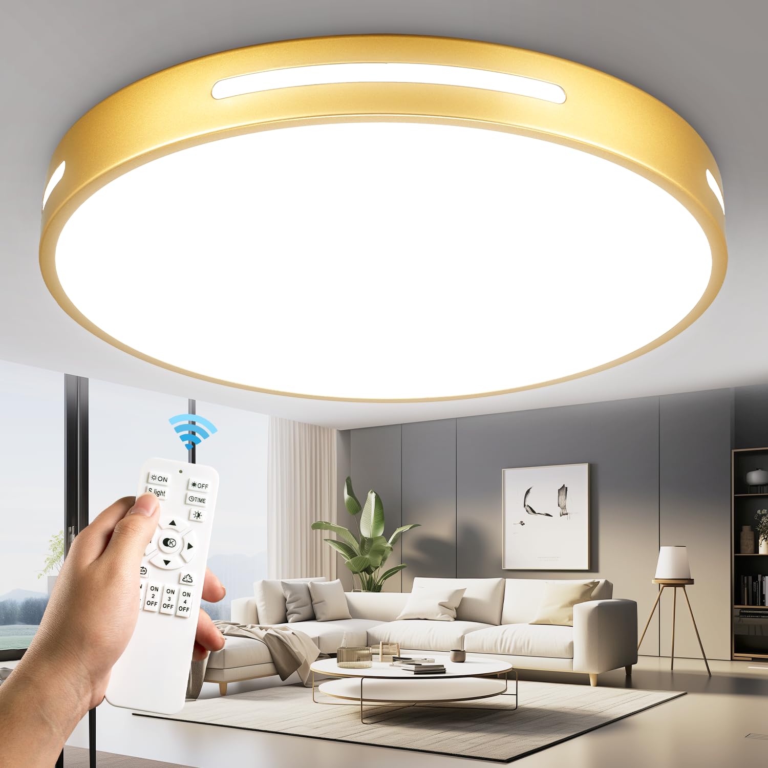 Remote Control Ceiling Light Flush Mount Gold, 36W 15inch Light Fixture ...