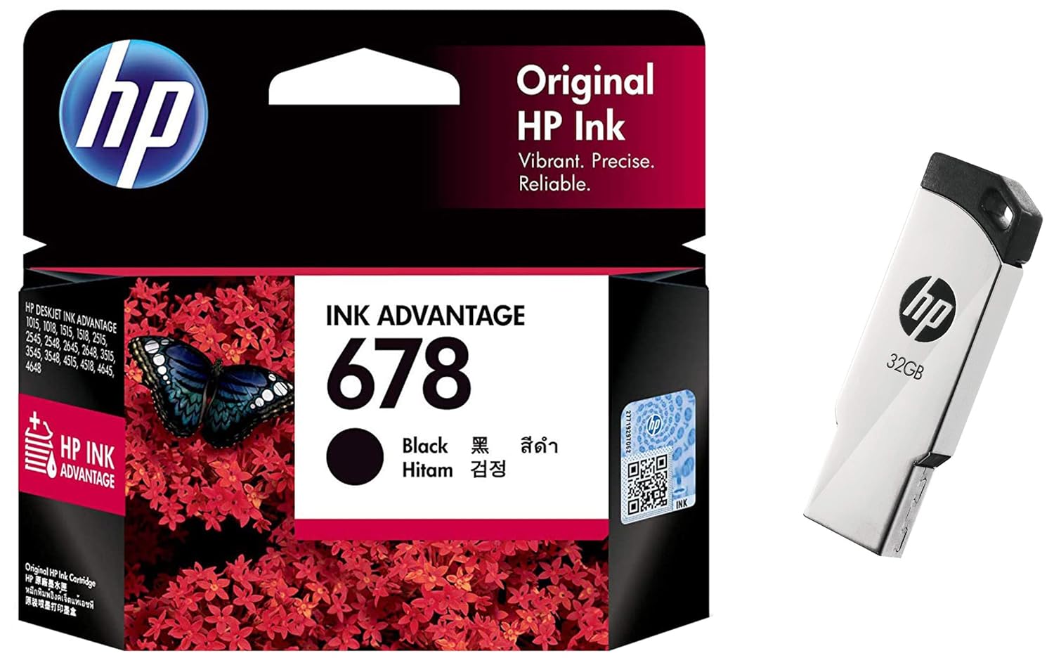HP 678 Black Ink Advantage Cartridge (CZ107AA) & v236w 32GB USB 2.0 Pen ...