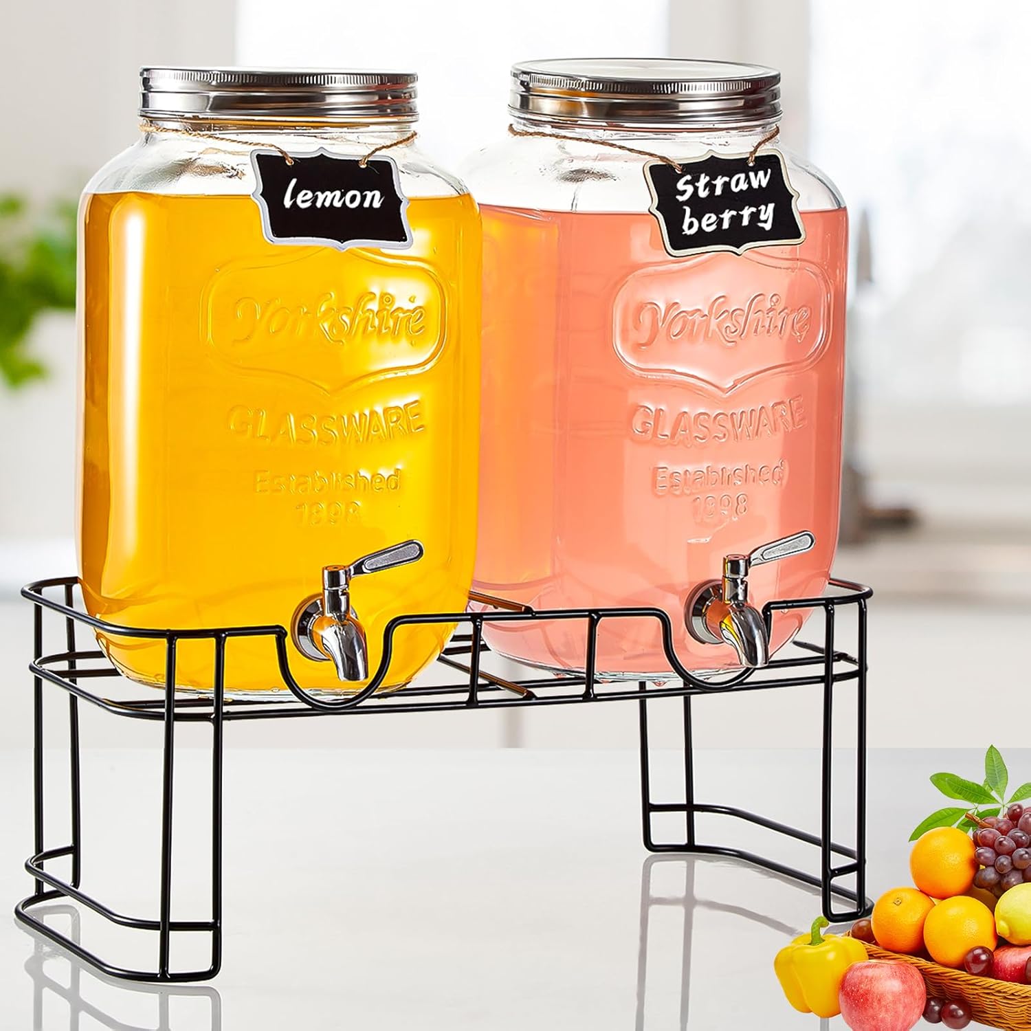 Amazon.com | 2 Gallon Glass Drink Dispensers for Parties, 2 Pack Beverage Dispenser with Stand ...