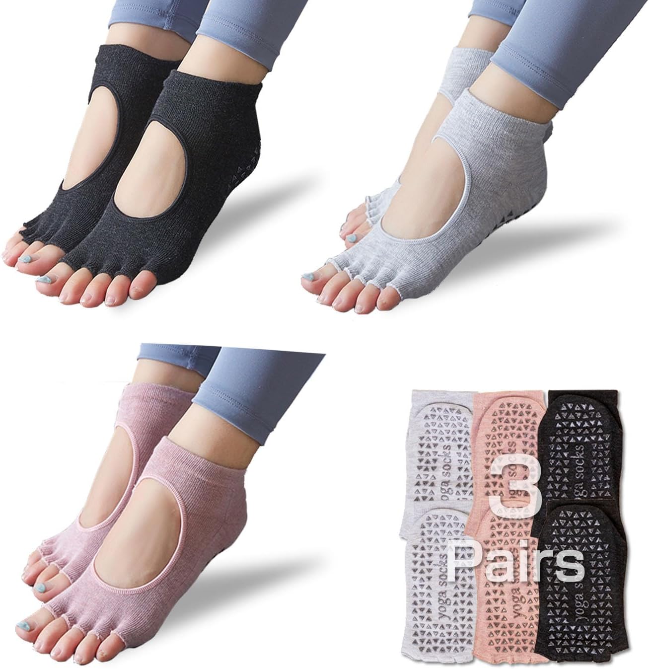 Amazon.com: COANSEN Yoga Socks with Grips for Women, Toeless Socks 3 ...