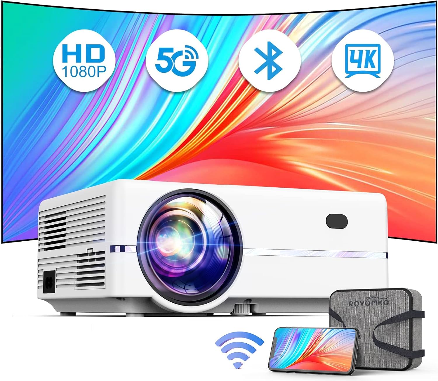 ROVOMKO Projector, Native 1080P 5G WiFi Bluetooth Projector 4K Support ...