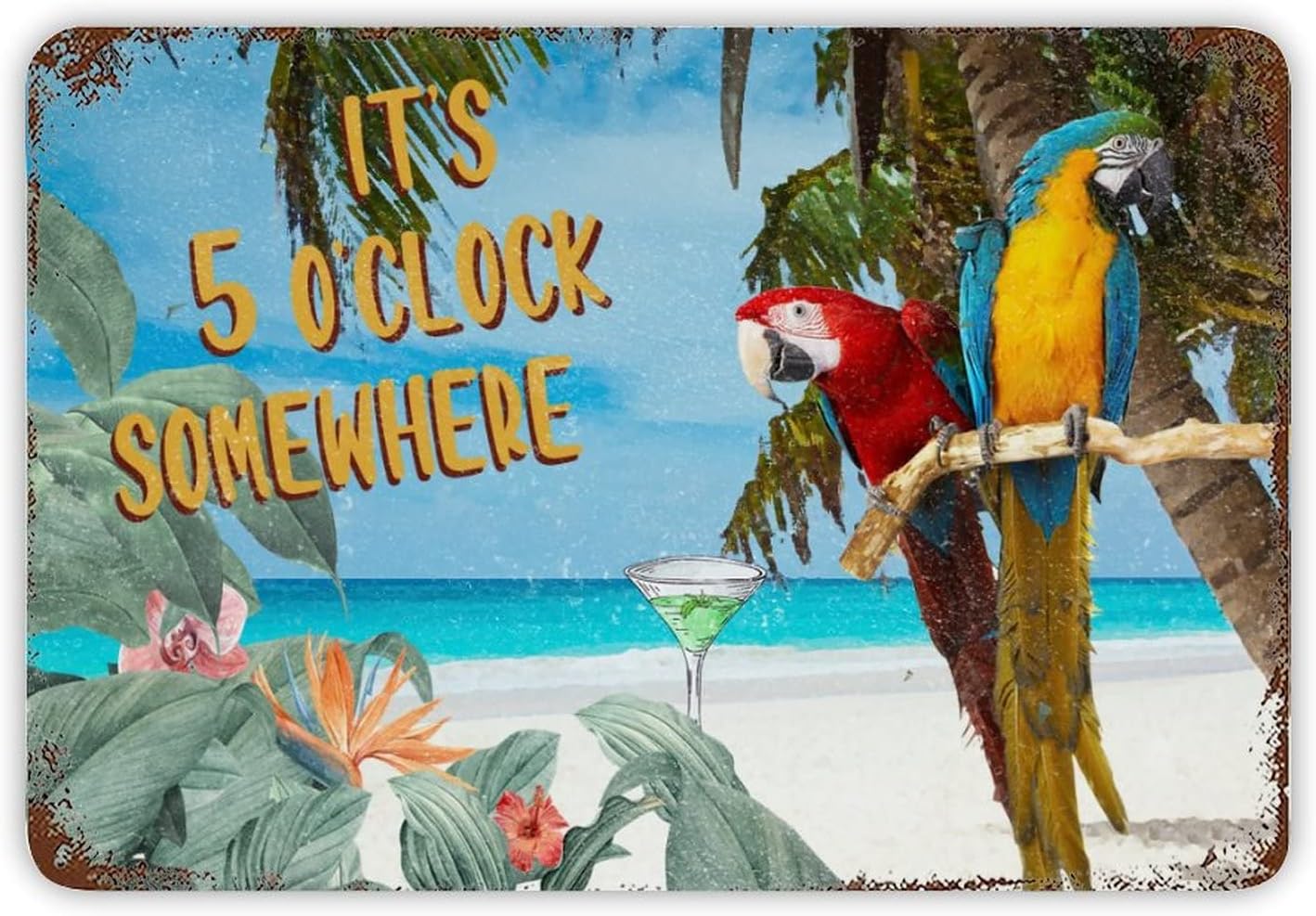 Amazon.com: Parrot Beach Coconut Palm Tin Plaque Summer Fruit Drinks ...