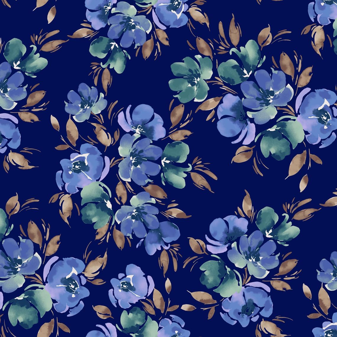 Amazon.com: Navy Blue Turquoise Large Flowers Printed on Scuba Crepe ...