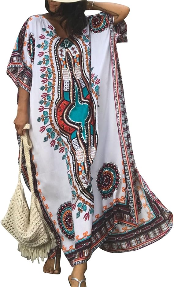 Bsubseach Women White Bathing Suits Cover Up Ethnic Print Kaftan Beach ...