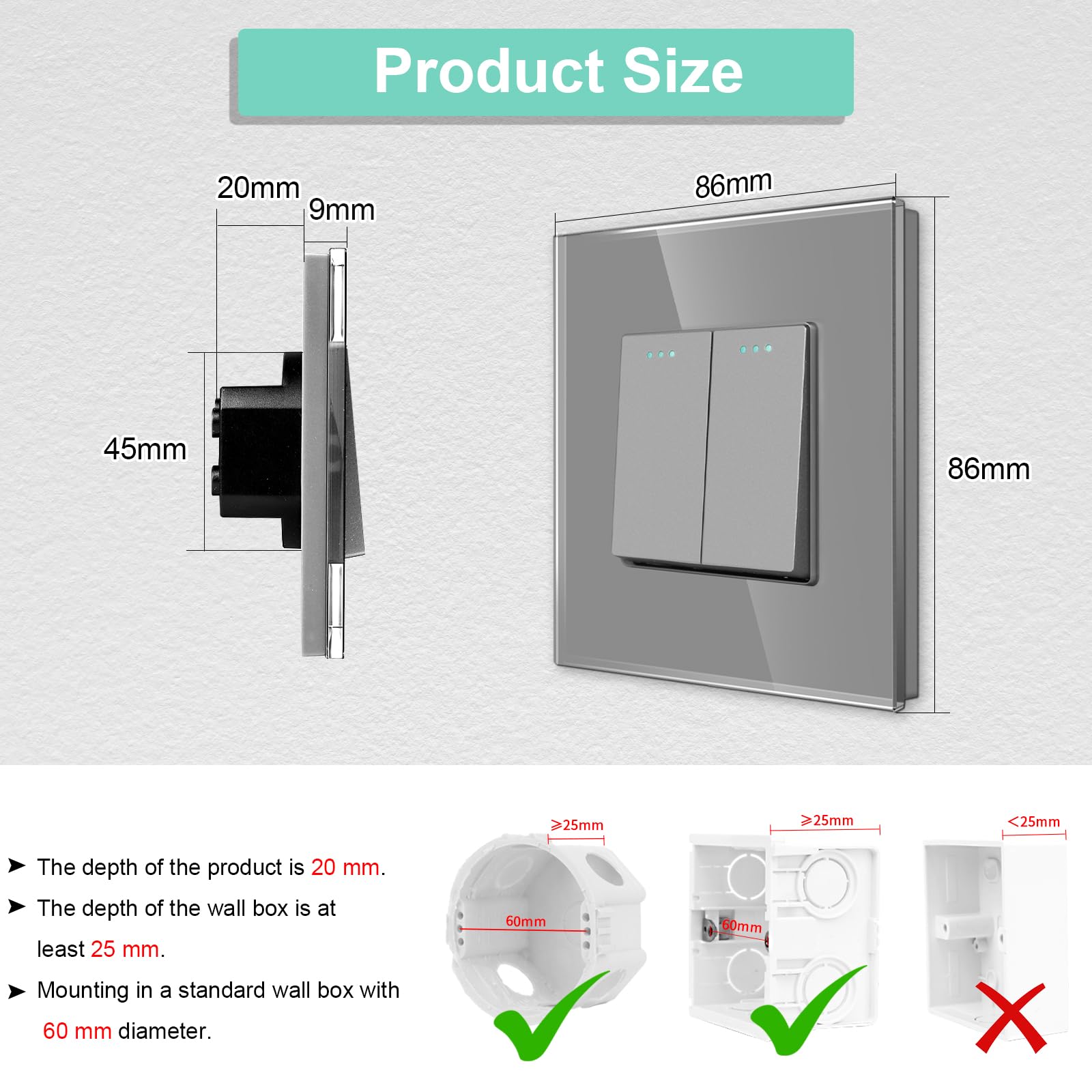 CNBINGO Rocker Button Light Switch 2 Gang 1 Way Glass Light Switch ...