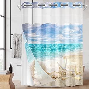 Amazon.com: Nesphy No Hook Beach Summer Shower Curtain with Snap in Fabric Liner Set, Starfish ...