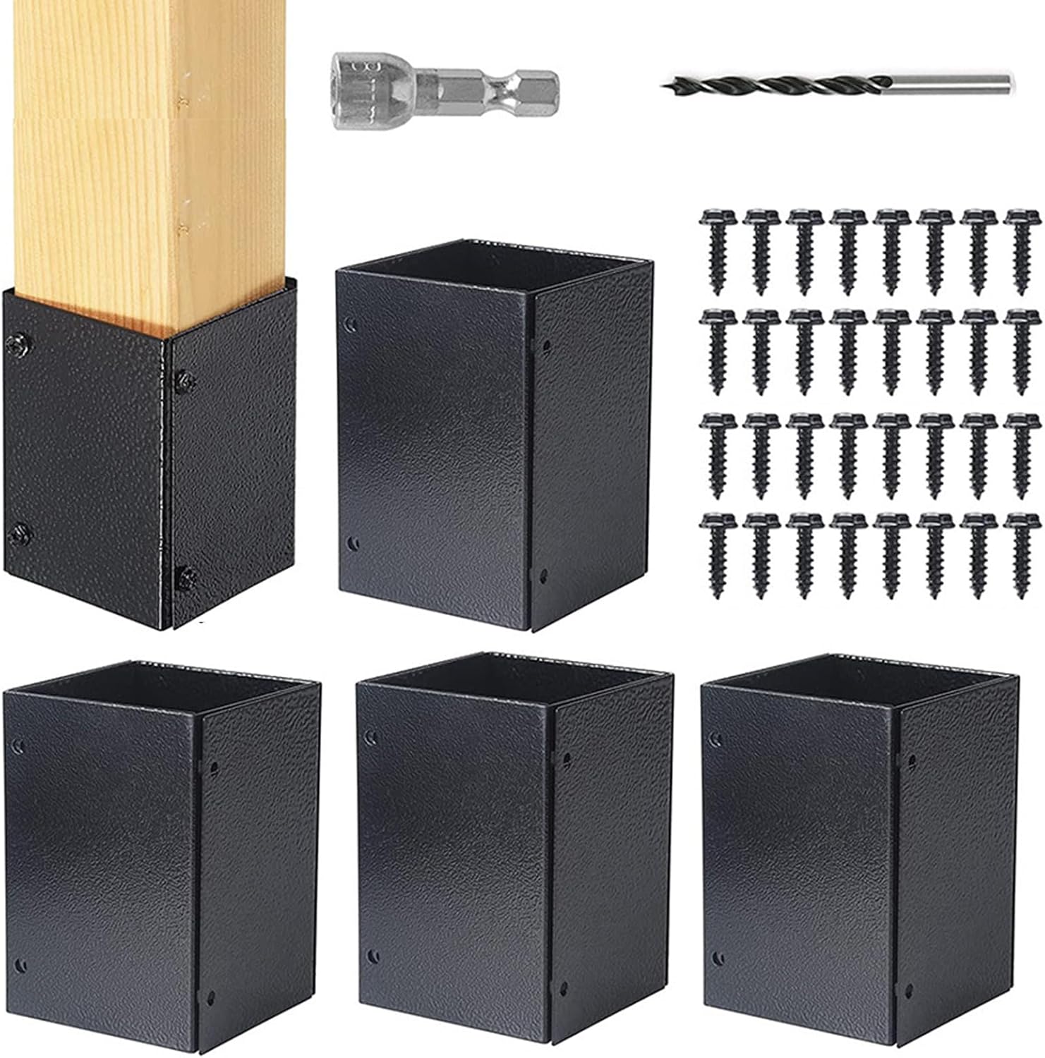 Pack of 4 Metal Post Sleeve Fence Support Black Base Plate Post Anchor ...
