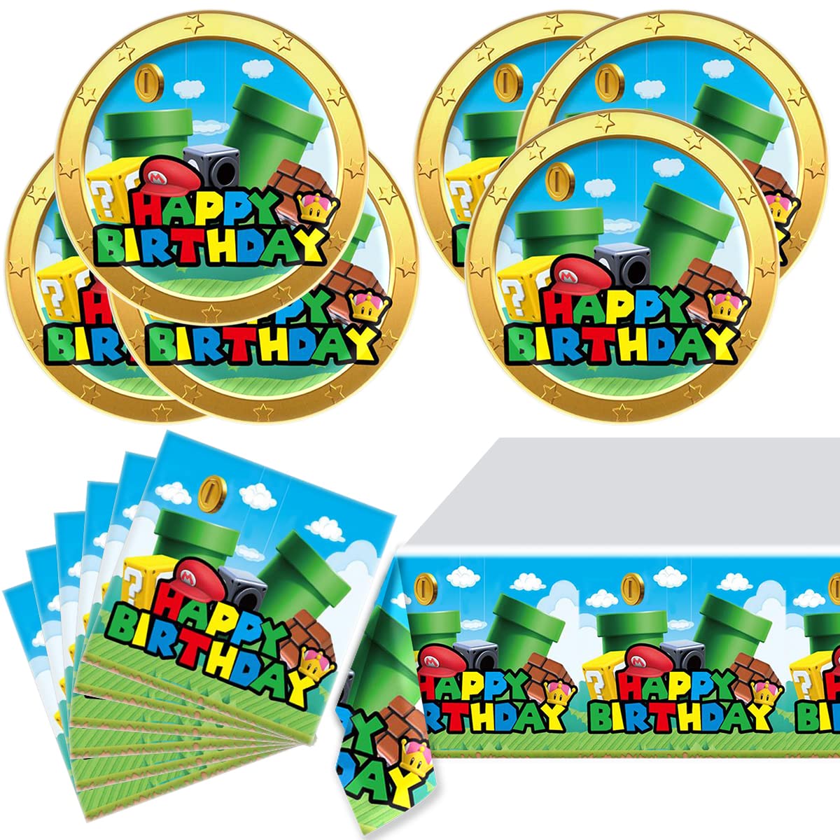 Amazon.com: Super Bros Party Tableware, 20 Plates and 20 Napkins and ...