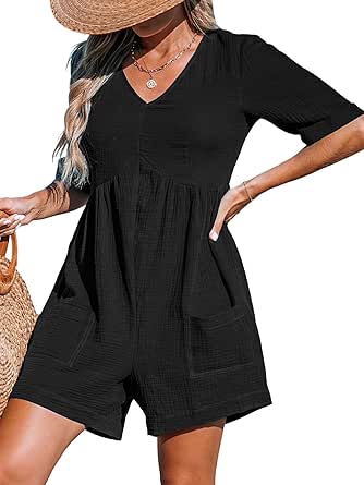 Amazon.com: CUPSHE Women's Rompers V-Neck Wide Leg Romper Short Sleeves ...