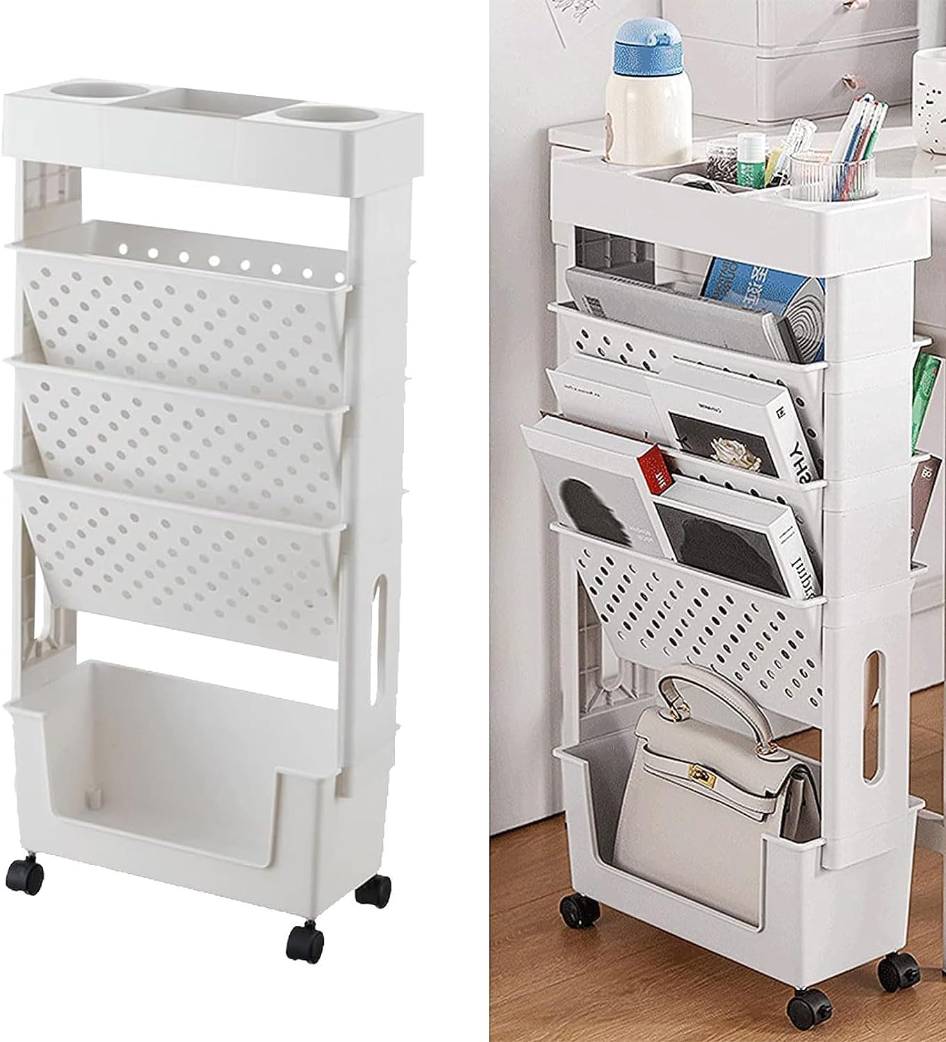 Amazon.com: Magazine Rack Book Carts with Wheels, 5 Tier Standing Shelf ...