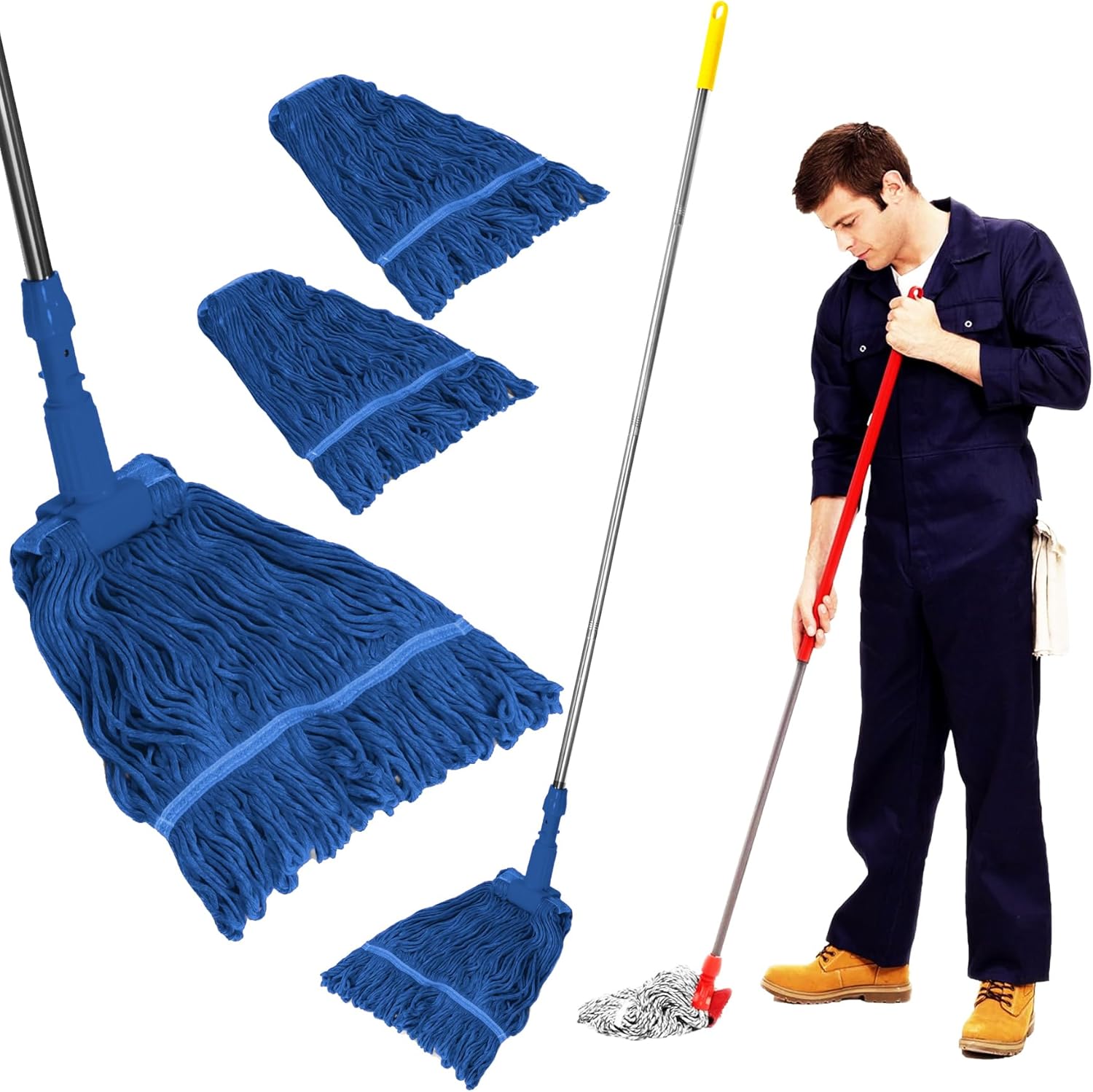 Curvaso Heavy Duty Kentucky Mop Set Pole & 2 Looped End String Wet ...