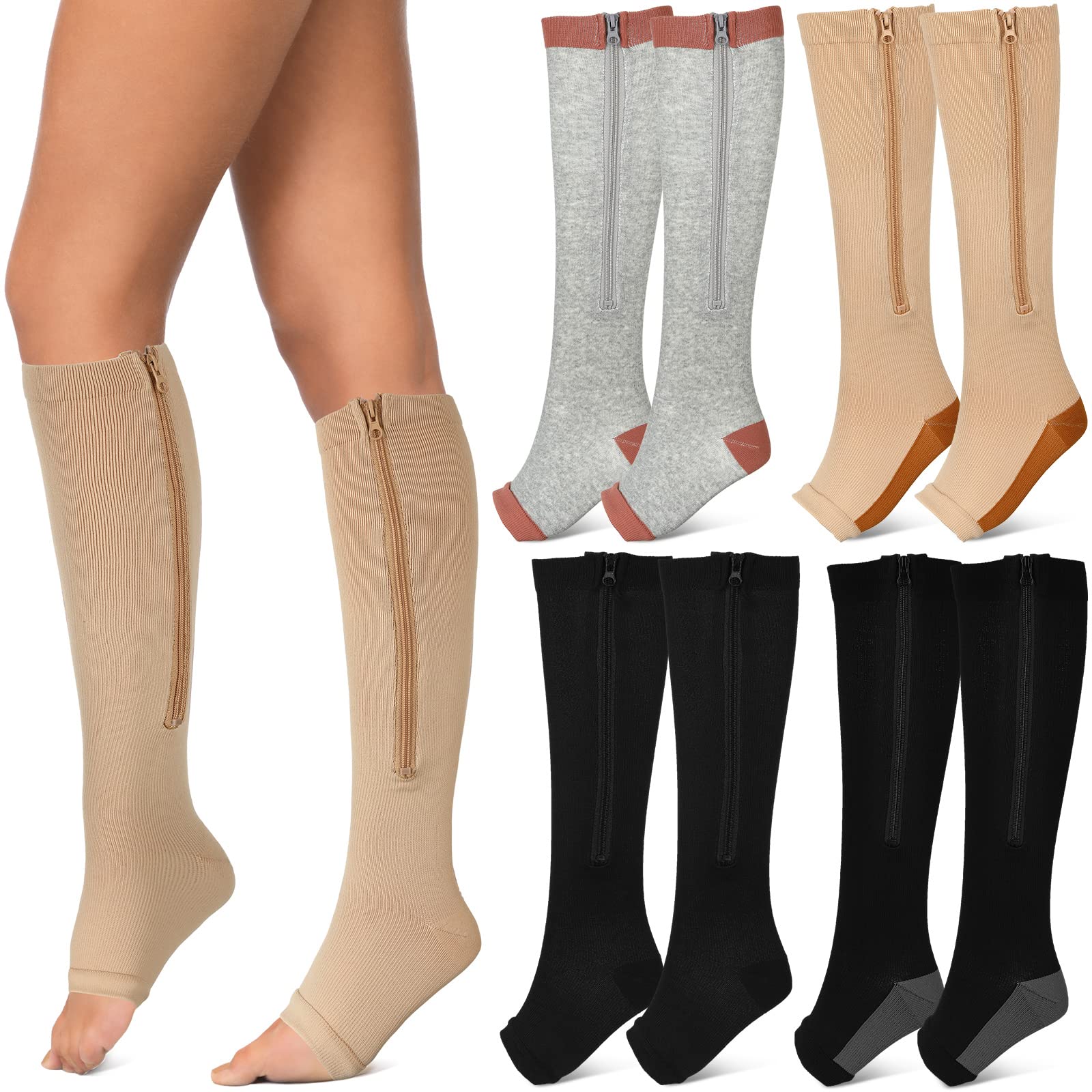 Lasnten 5 Pairs Zipper Compression Socks Open Toe Compression Stockings ...