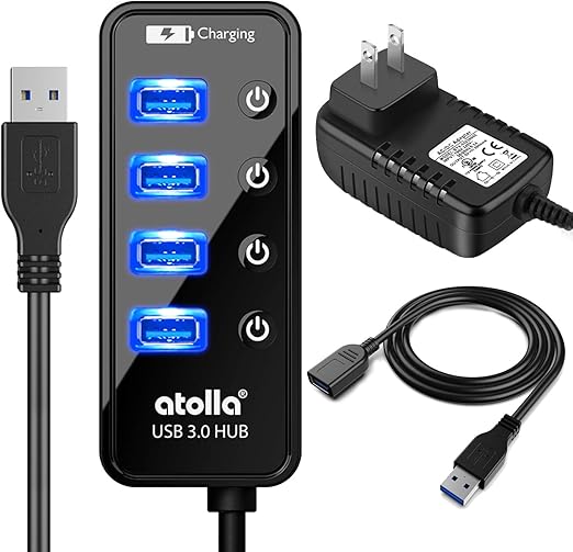 Amazon.com: Powered USB Hub Long Cord, atolla USB 3.0 Hub 4 + 1 Data ...