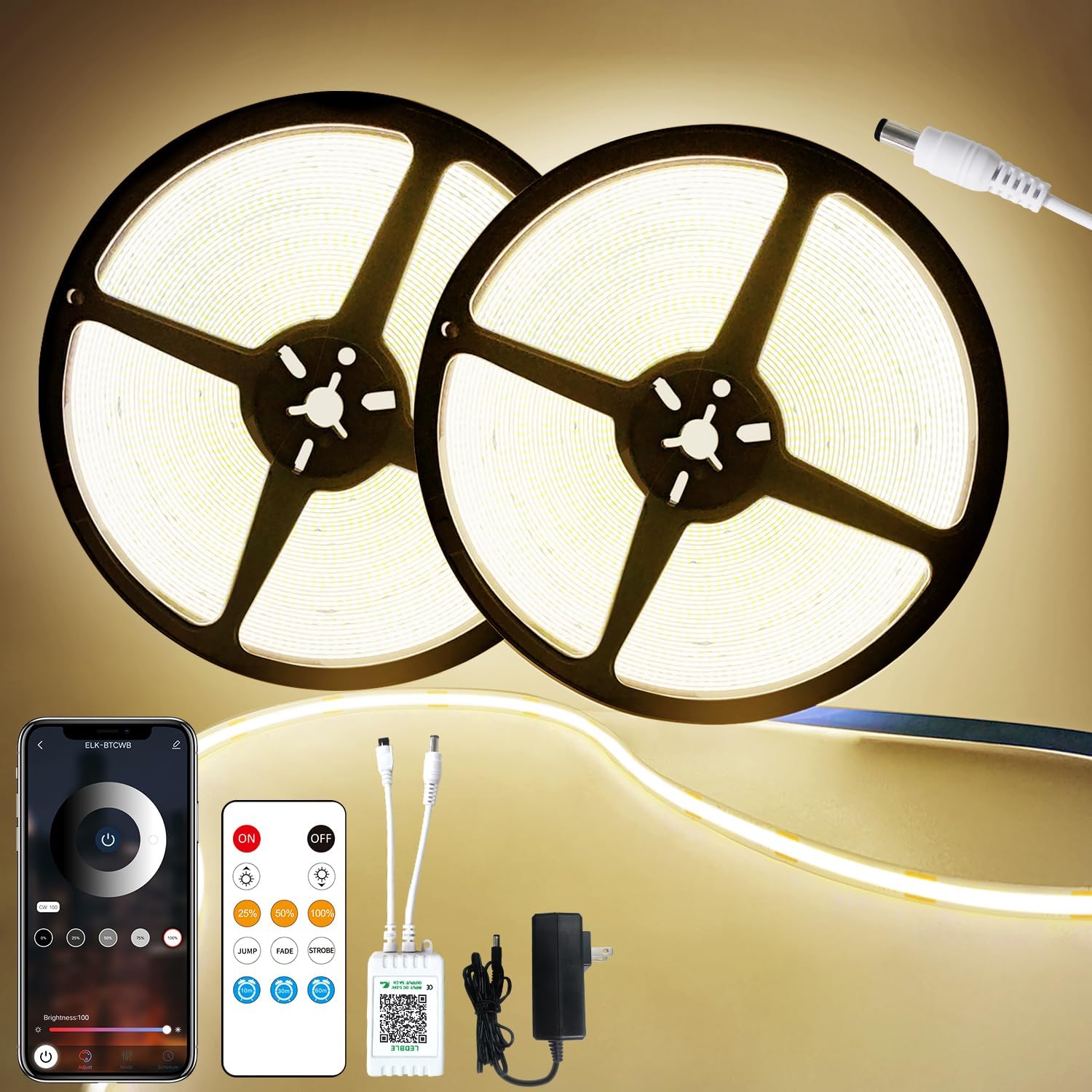 Amazon.com: Yeewhale COB LED Strip Lights 100ft,3000K DC 24V Dimmable ...